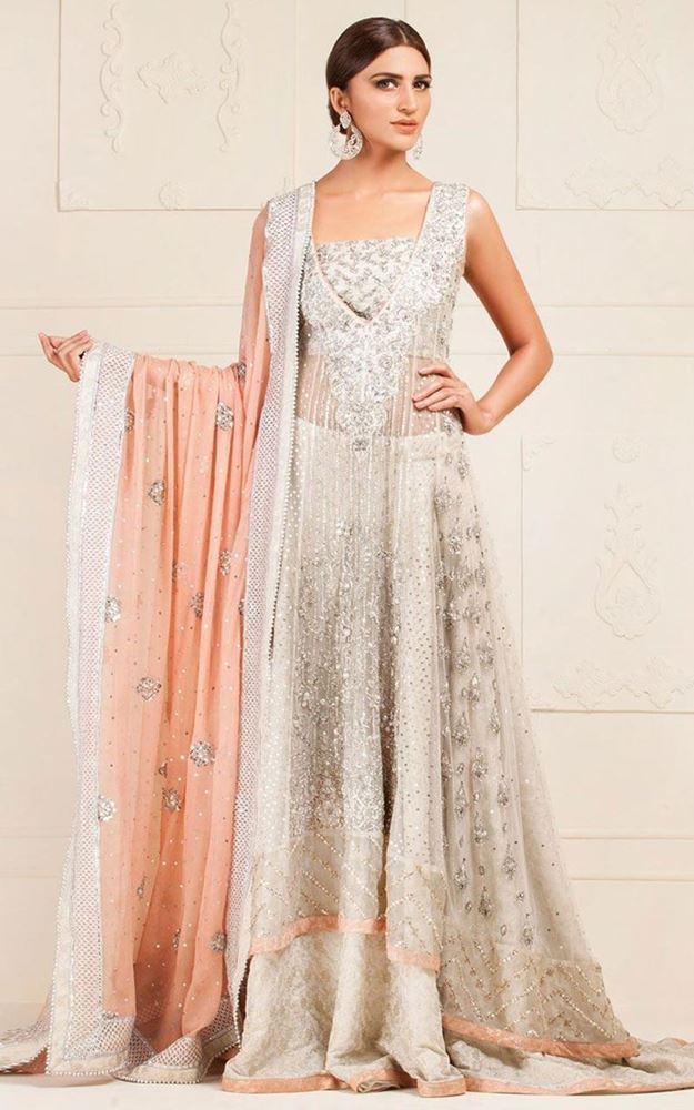 Ivory net fully hand embroidered dress